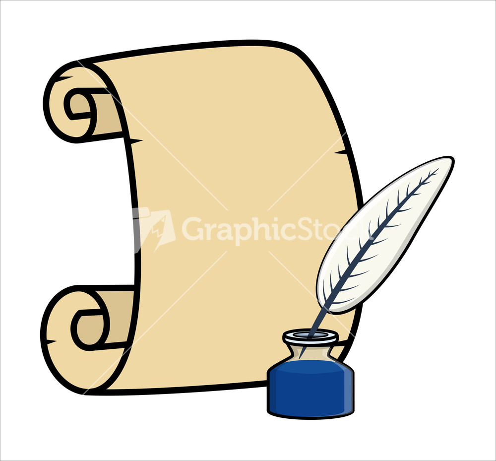 Feather And Parchment Scroll - Cartoon Vector Illustration