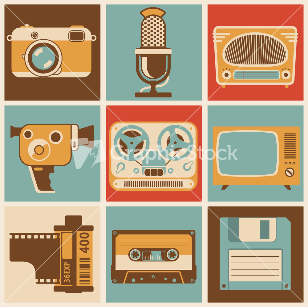Retro Media Objects. Vector Design Elements Set. Stock Image